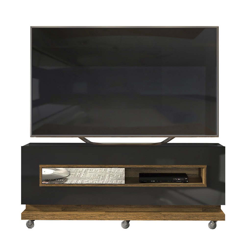 Rack Bancada com Painel para TV até 60" Veneza Espelhado D04 Preto Gloss/Tronco Ripado - DOCE ...