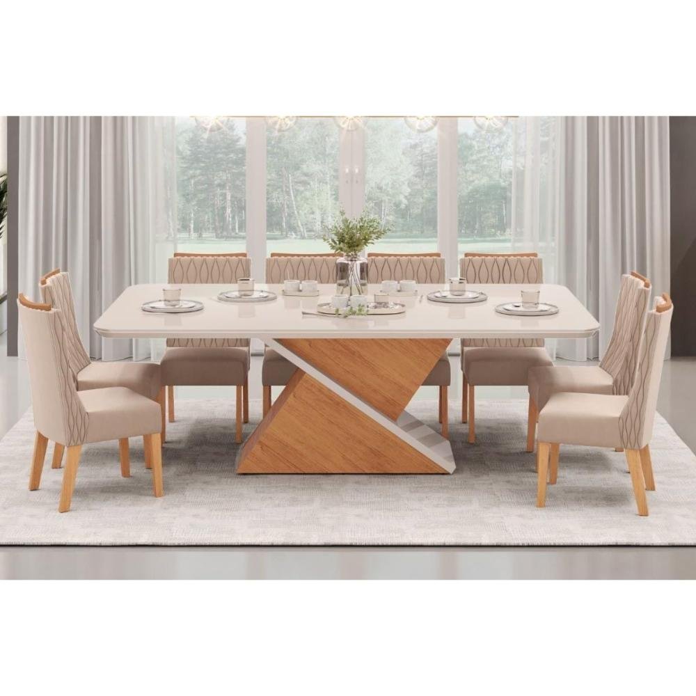 Sala de Jantar Completa Zafira Tampo Madeirado C/ Vidro Curvo 200x100cm ...