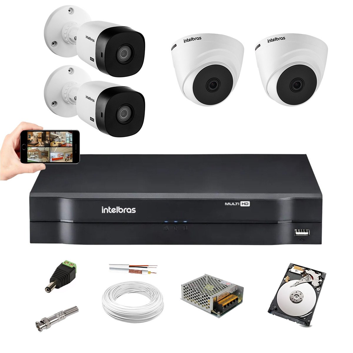 Kit Cftv Intelbras 4 Câm Vhd 1010 Dvr 4 Mhdx 1104 C/ HD 500 ...
