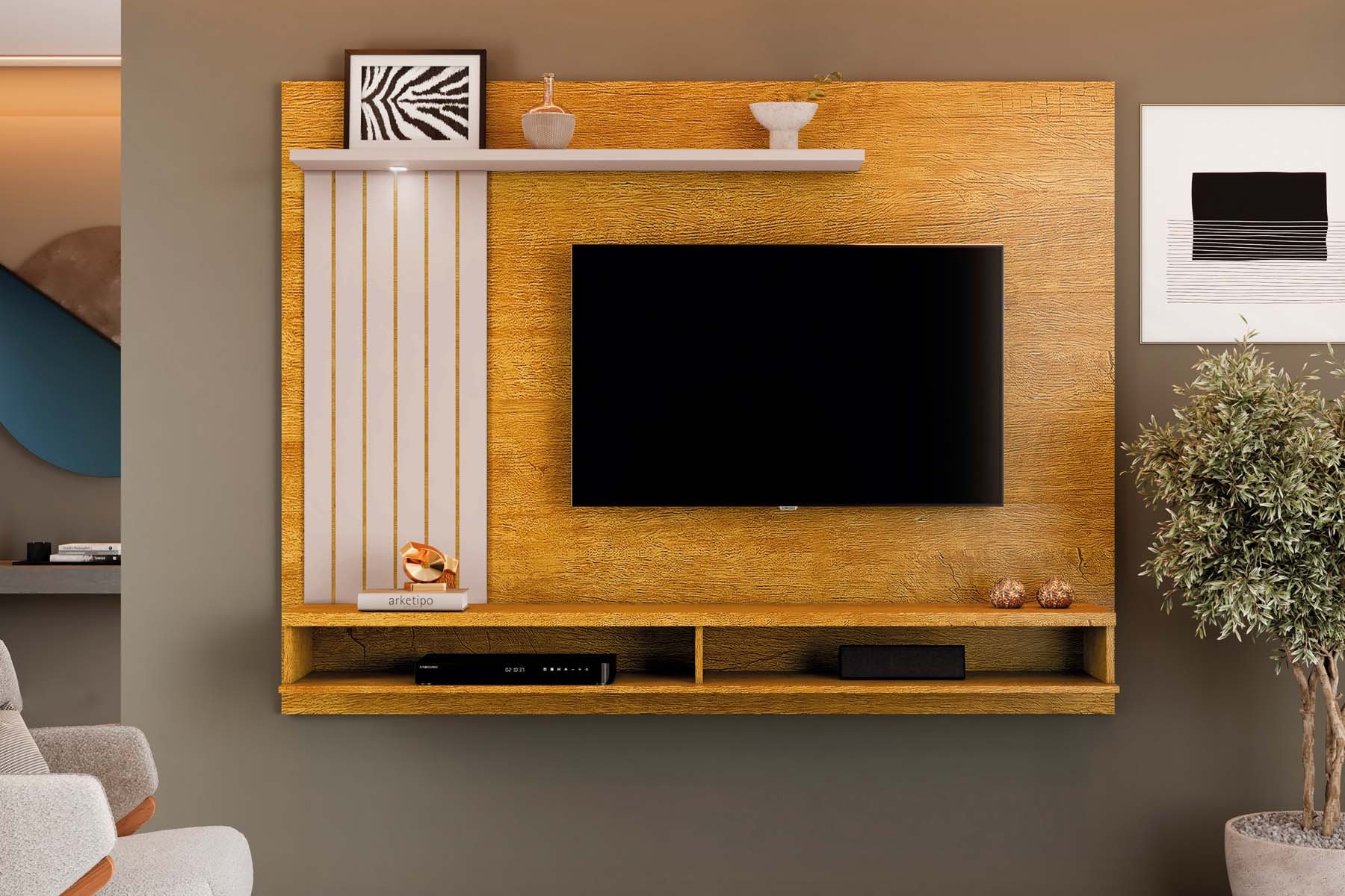 Painel Tv Primer P/ Tv até 60" Mdf/mdp C/ Led e Prateleiras:naturale ...