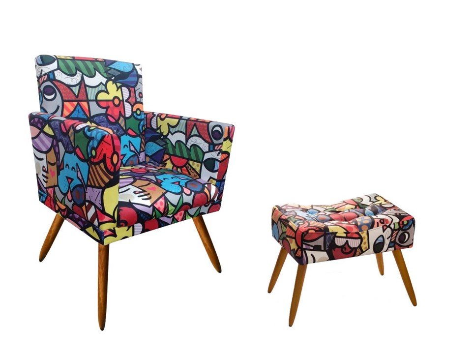 Kit Poltrona Decorativa Bia + Puff Retangular Suede Romero Gato Pés Madeira Mz Decor ...