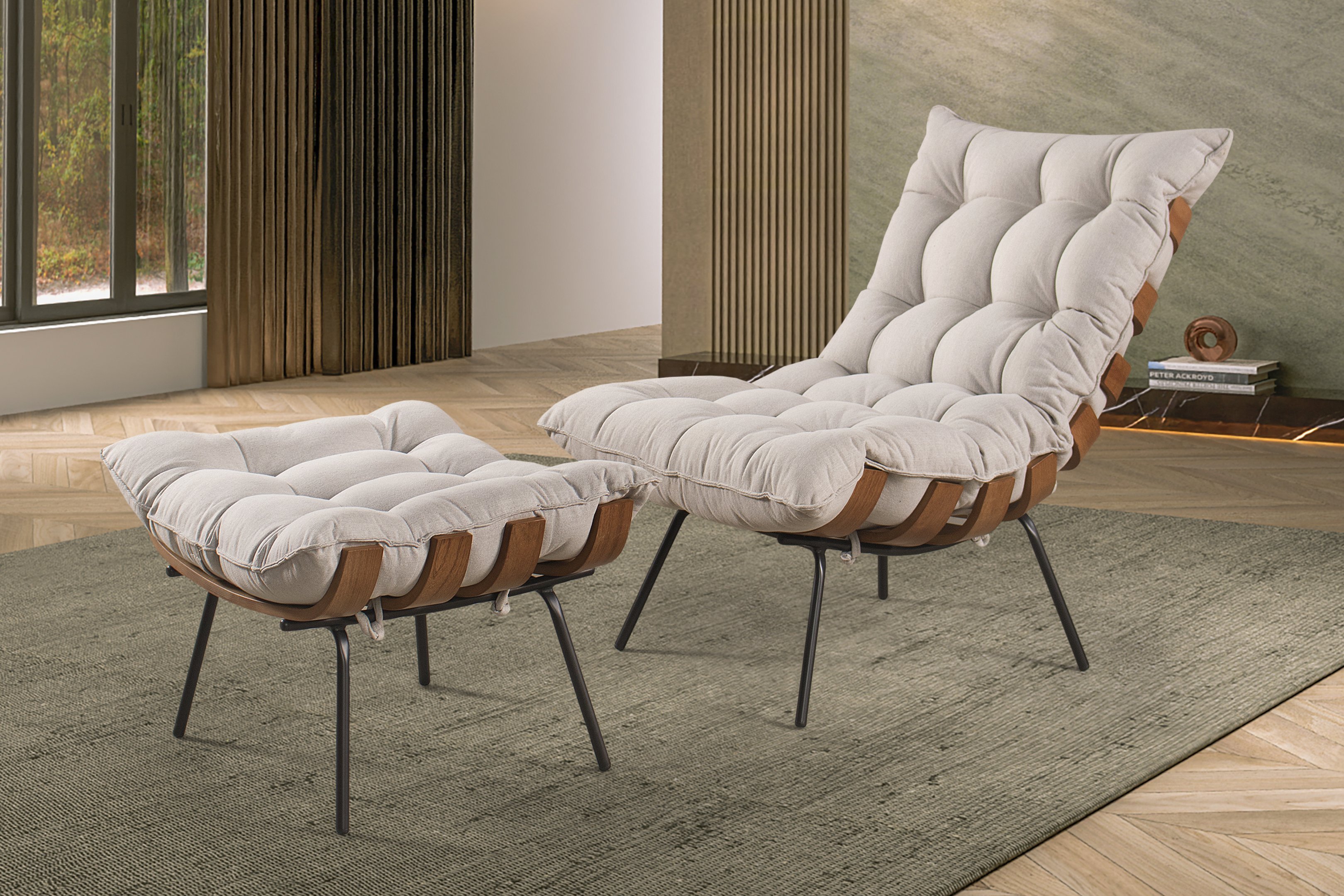 Conjunto Poltrona Confort Costela + Puff - Linho Bege Claro ...