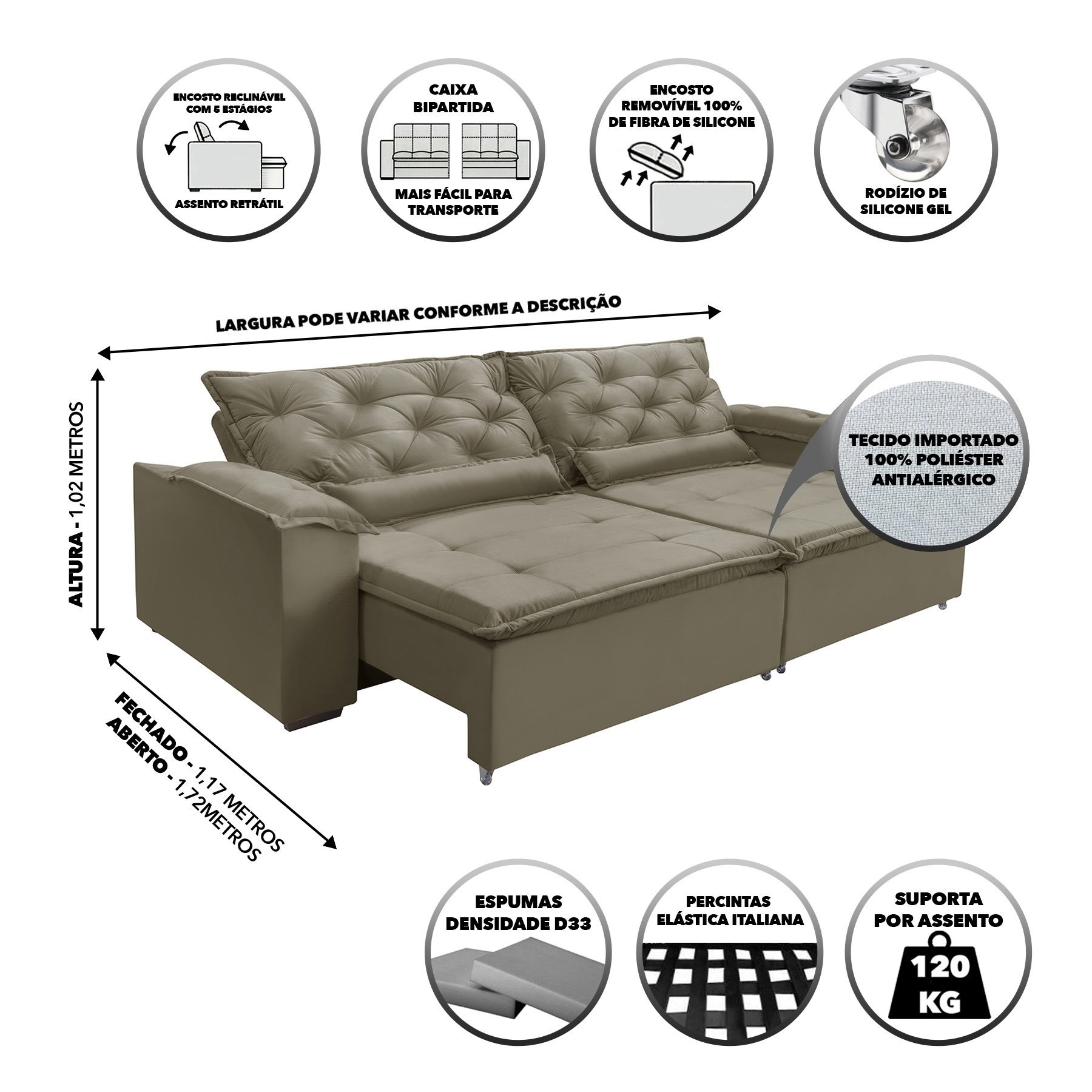 SOFÁ LISBOA RETRATIL E RECLINAVEL 2,32 MTS SUEDE CASTOR SD ESTOFADOS | MadeiraMadeira