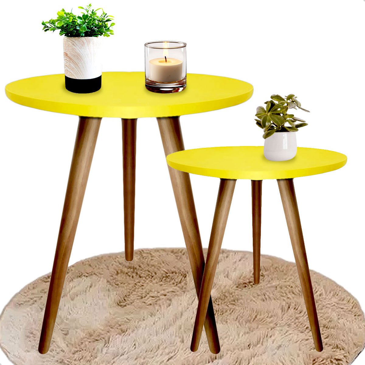 Conjunto Mesa de Canto e Lateral Retrô Pés Palito Amarelo | MadeiraMadeira