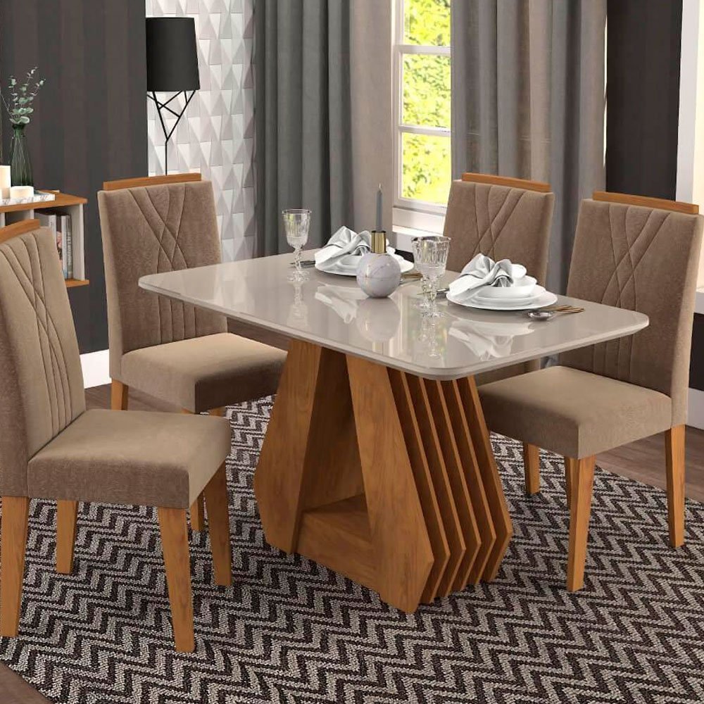 Conjunto Sala De Jantar Ágata 130X80 Tampo Em MDF/Vidro 4 Cadeiras Nicole Cimol Savana/Off White ...