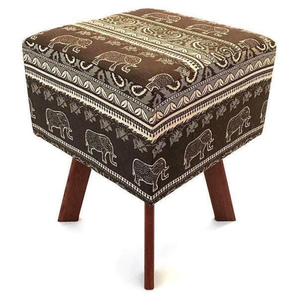 Puff Banqueta Quadrado Jacquard Indiano Marrom Bege | MadeiraMadeira