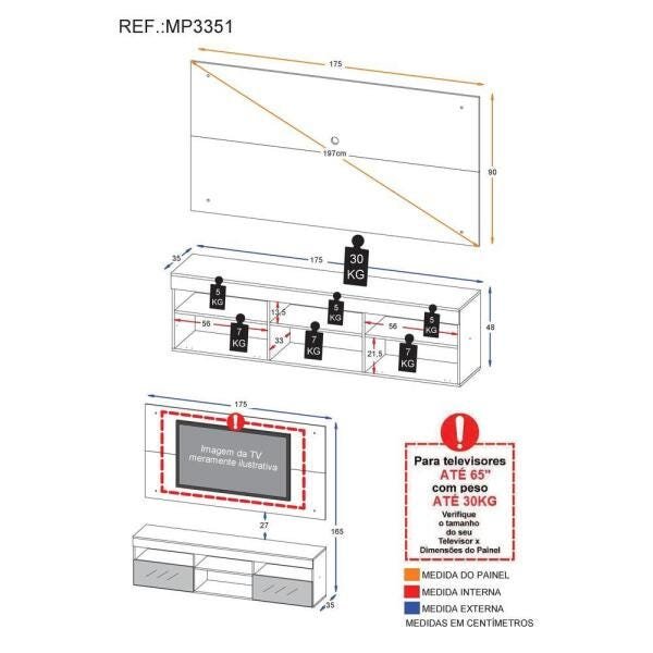 Rack Suspenso com Espelho, Painel e Suporte para TV até 65 Polegadas com 2 Portas Londres ...