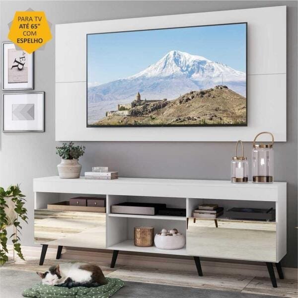 Rack com Espelho, Pés Retrô e Painel TV 65 Polegadas com 2 Portas Londres Multimóveis Branco ...