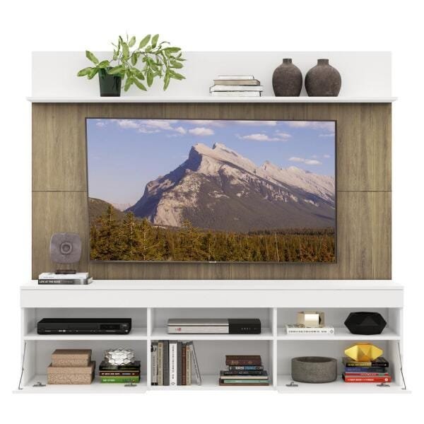 Rack com Painel TV 65 Polegadas Madri Multimóveis Branco/Rustic com Suporte e Prateleira Branca ...