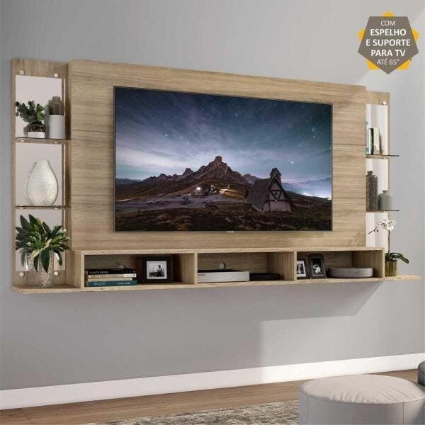 Painel Tv 65 Polegadas com Suporte, Espelho e Prateleiras de Vidro ...