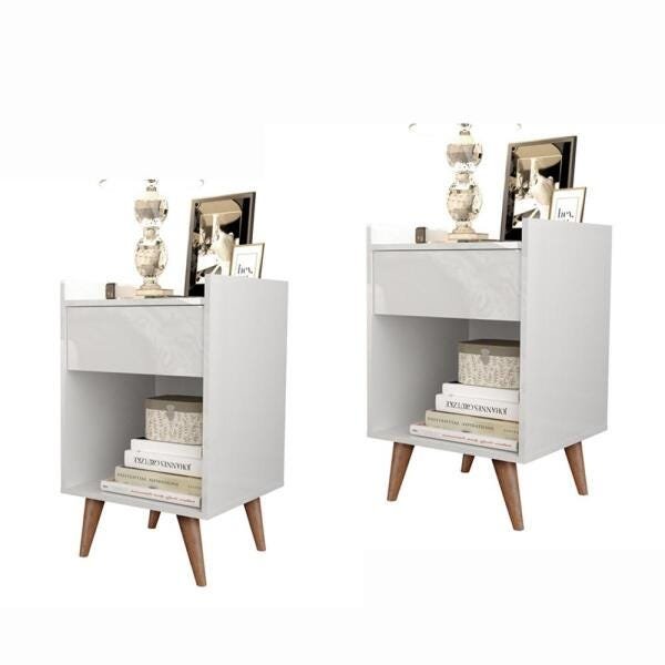 Kit 2 Mesa de Cabeceira pés retrô 1 Gaveta 2020 Brancomo | MadeiraMadeira