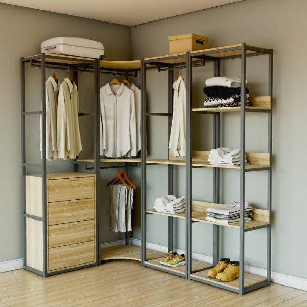 Closet Tubular Completo - Modulação de 60cm com 4 Cabideiros, 4 Gavetas ...