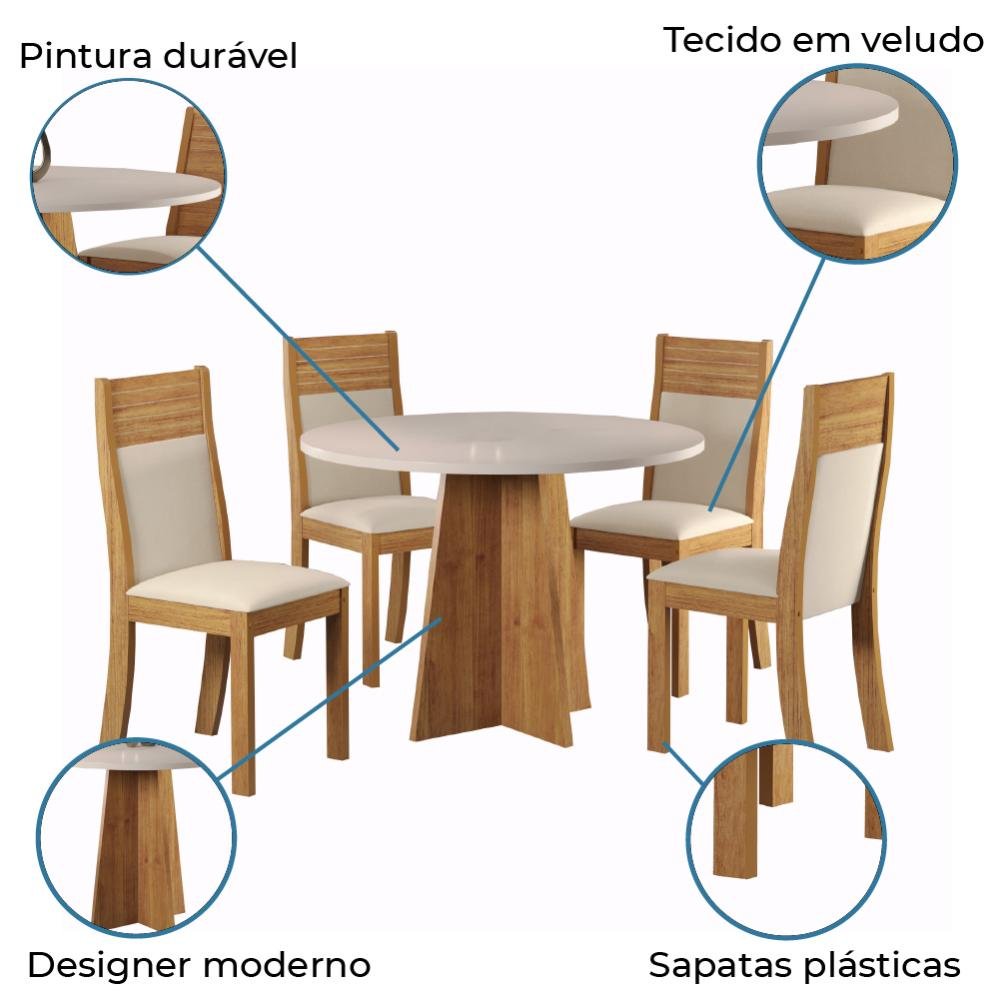 Conjunto de Mesa Redonda Sala de Jantar Slim 0,90m Off White com 4 ...