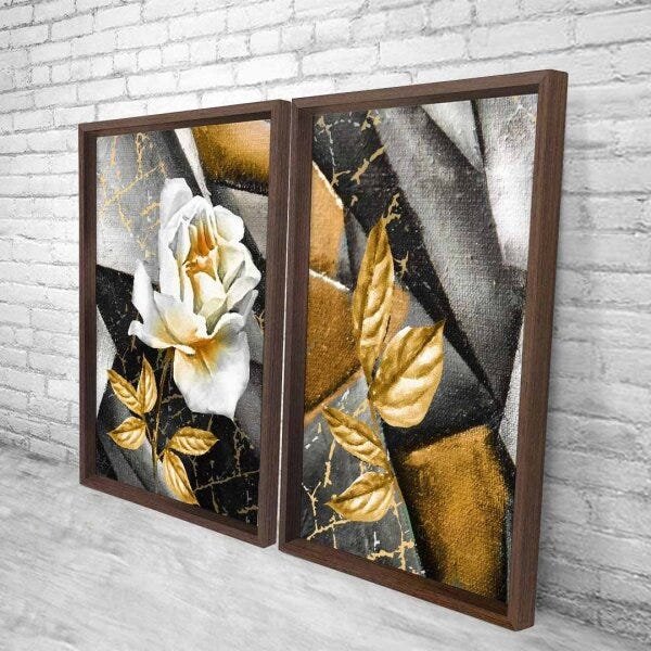 Quadro com Moldura Chanfrada Abstrato Rosa Dourada MADEIRA ESCURA ...