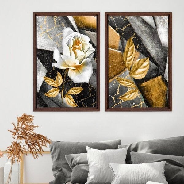 Quadro com Moldura Chanfrada Abstrato Rosa Dourada MADEIRA ESCURA ...