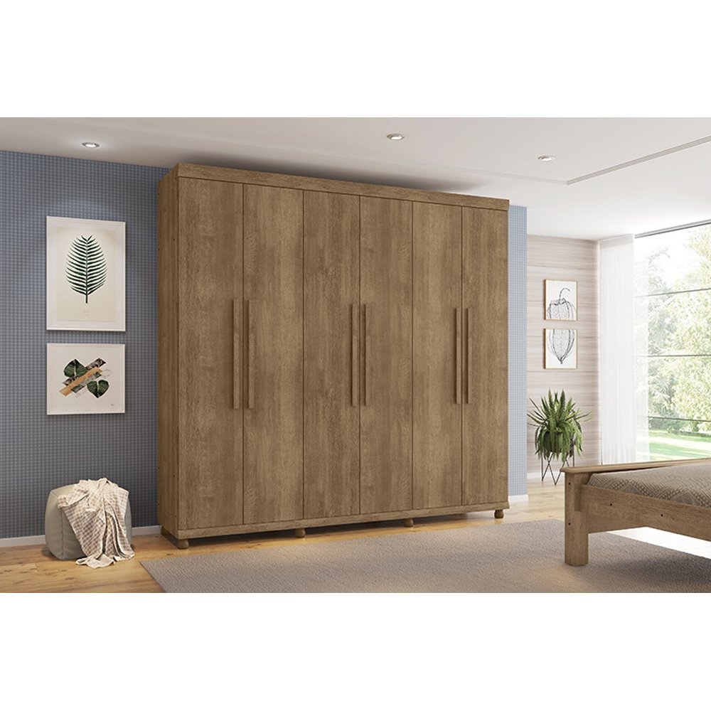 Roupeiro Casal Gênova 6 Portas 3 Gavetas MDF Com Pés Noce Bronze Móveis ...