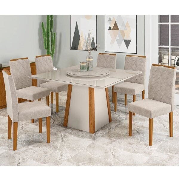 Conjunto New Ceval Mesa Júlia 135x135cm com Tampo Giratório 6 Cadeiras ...