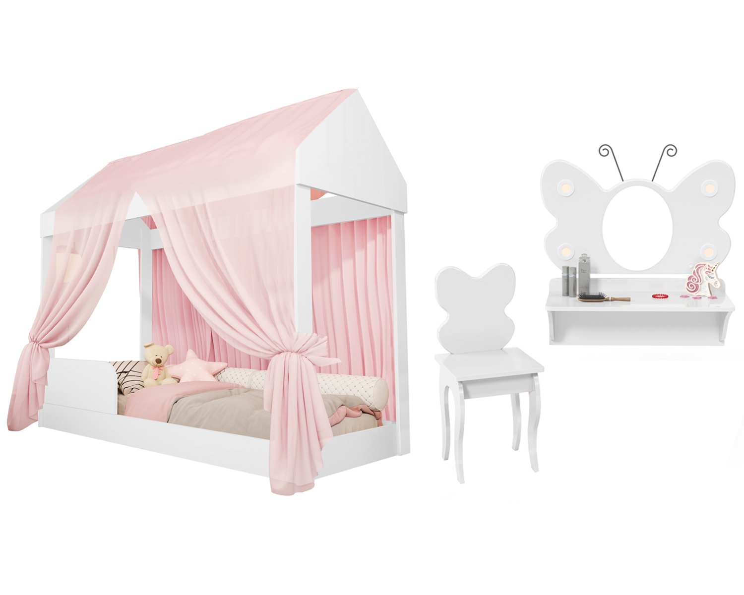 Cama Casinha Montessoriana Crystal Com Penteadeira e Banqueta Camarim ...