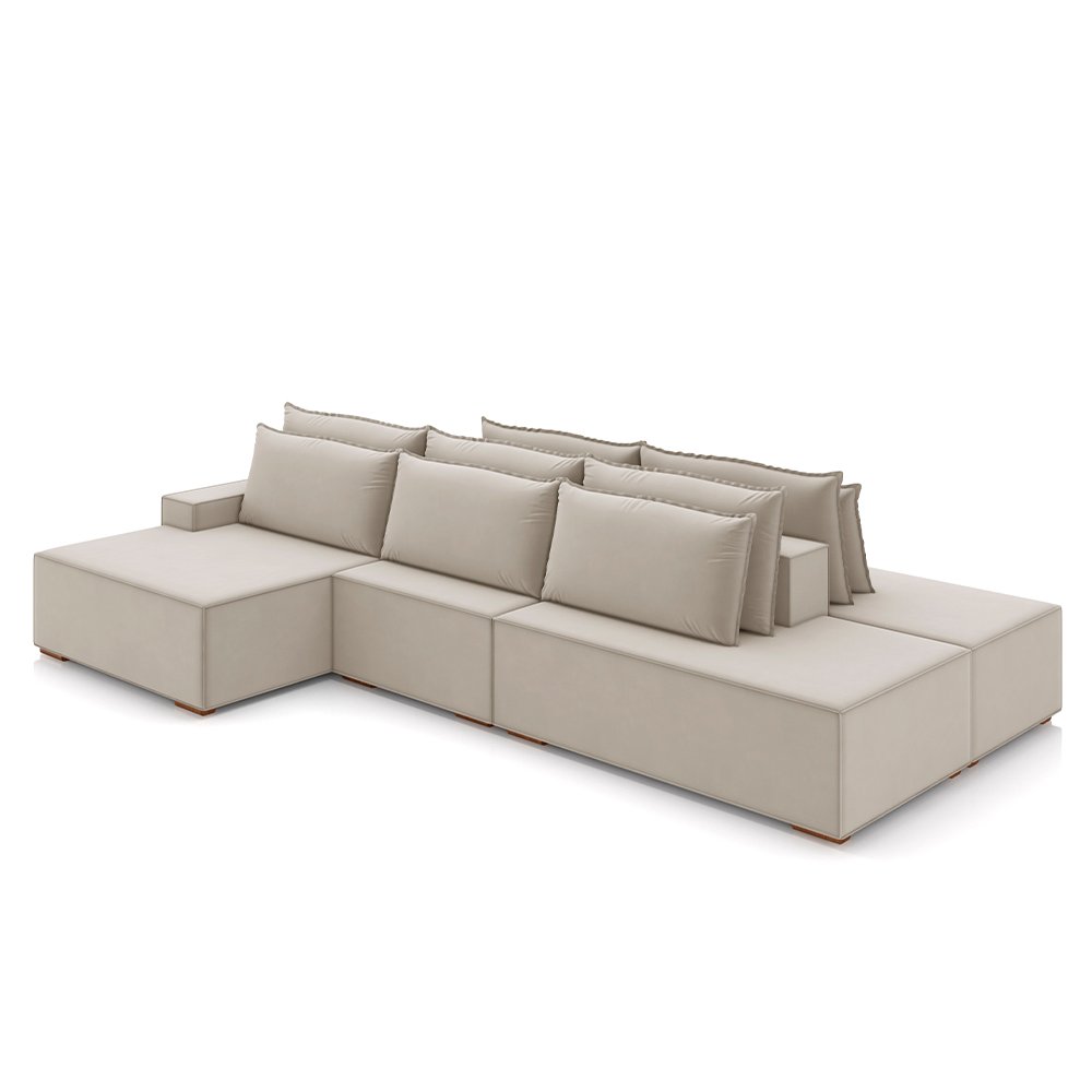 Sofá Ilha com Encosto e Almofadas Delta 395cm Modulado Chaise e Puffs ...