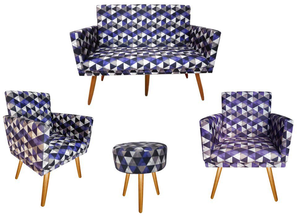Kit Namoradeira + 2 Poltronas Decorativa Nina + Puff Redondo Suede Triângulo Roxo Pés Madeira Ms ...