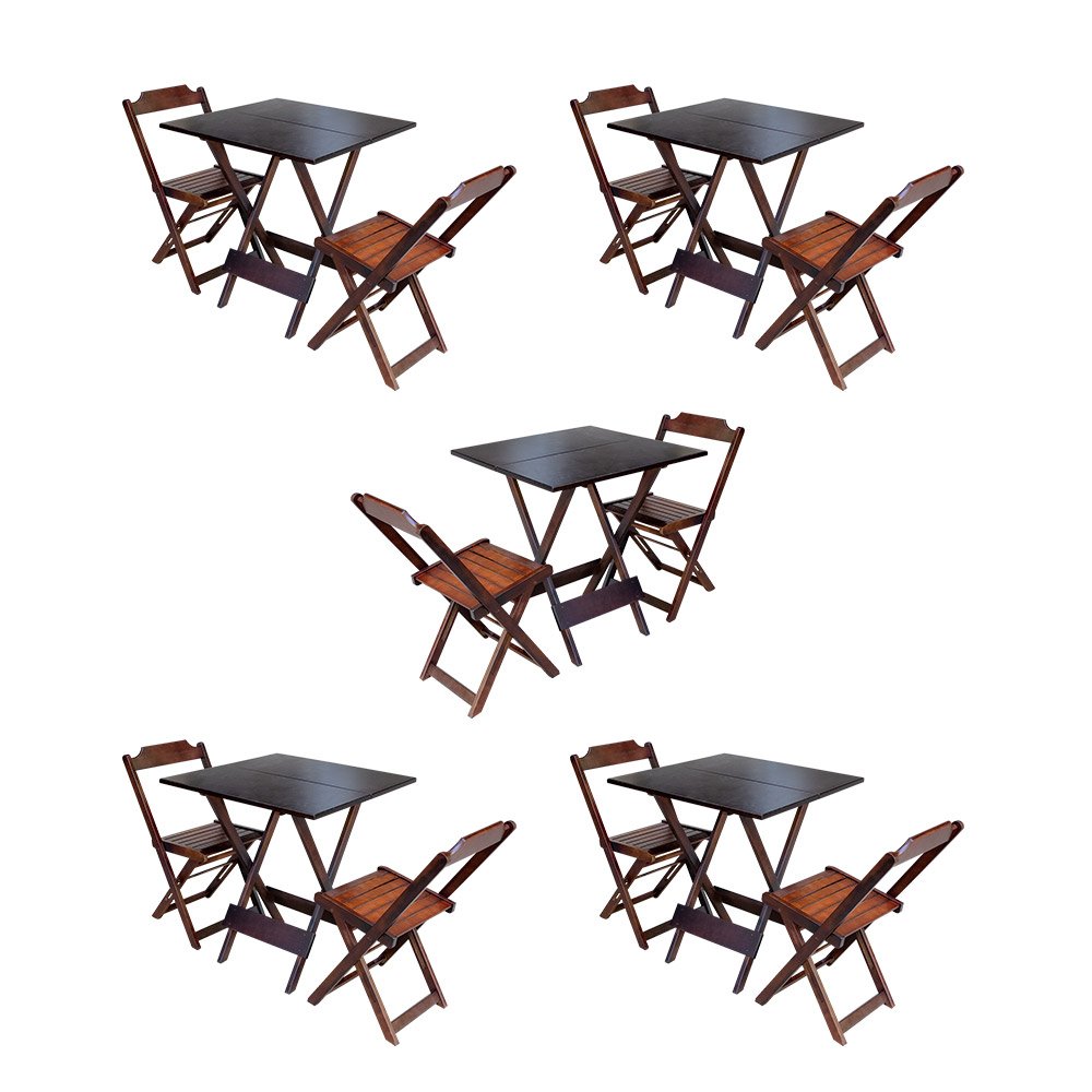 Kit 5 Jogos de Mesa Dobravel com 2 Cadeiras de Madeira 70x70 para Restaurante e Bar - Imbuia ...