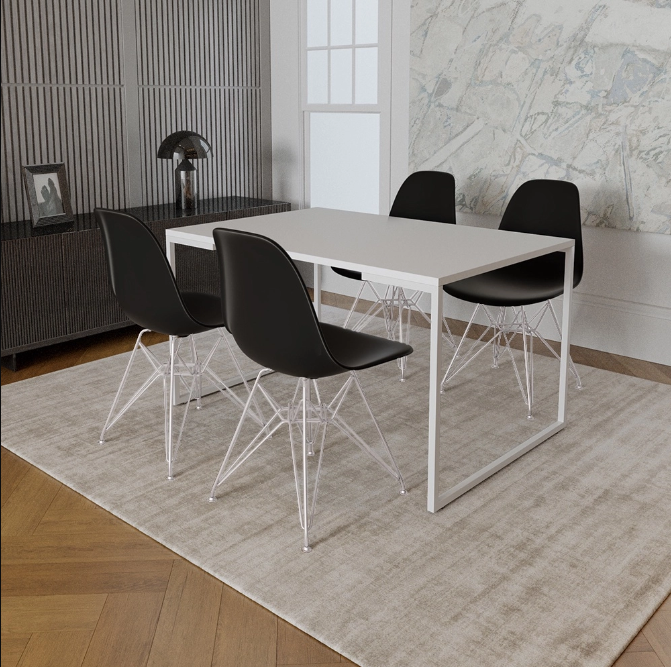 Mesa Industrial Base Ferro Branco Tampo 137x90 Branco 4 Cadeiras Eames Ferro Branco Assento ...