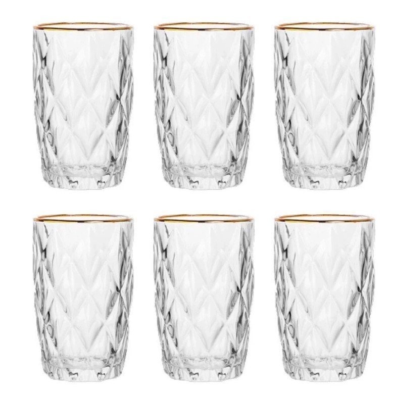 Jogo Com 6 Copos Diamond Borda Dourada Transparente 300ml | MadeiraMadeira