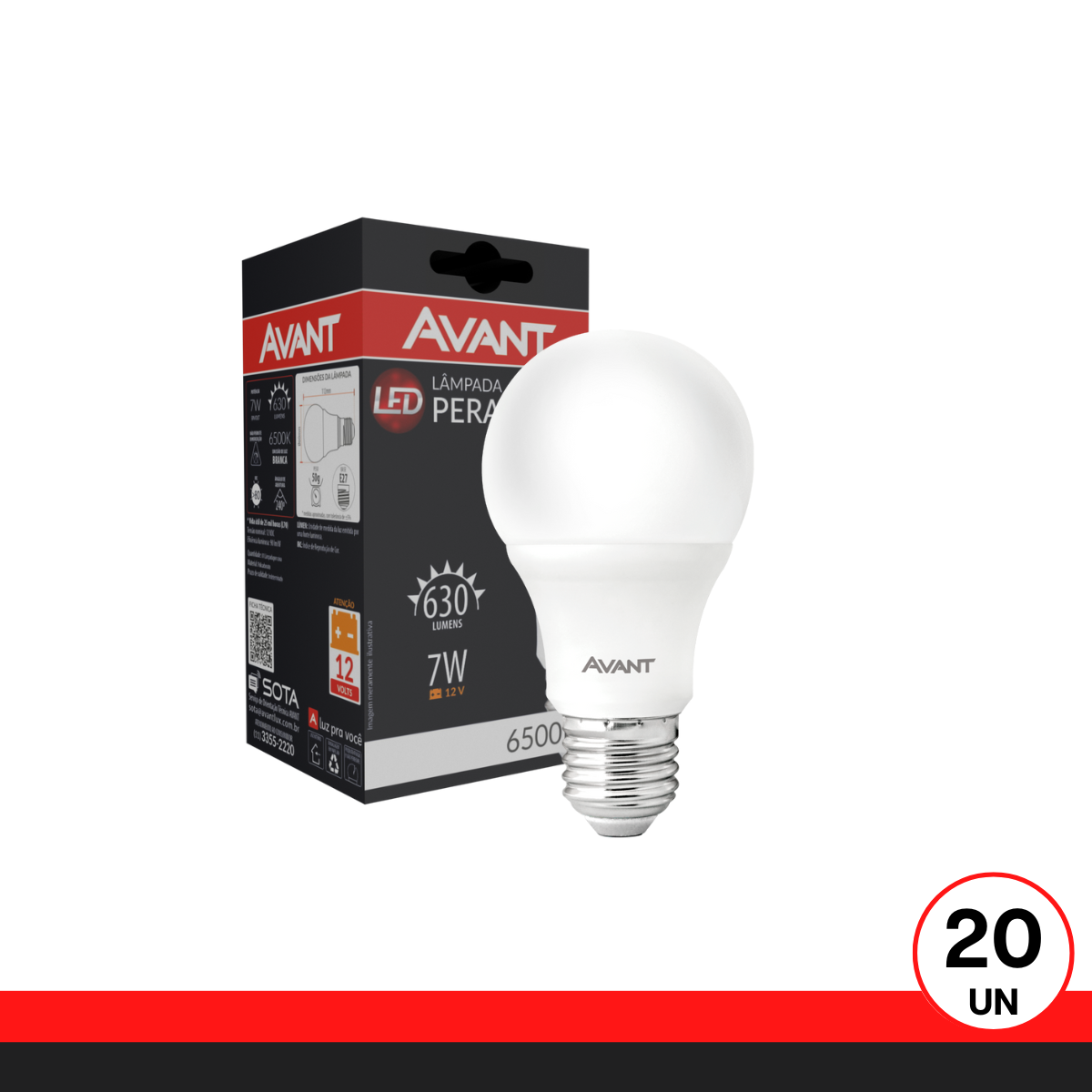 KIT 20 Lâmpada Led Pera 7w E27 6500k Branco Frio 12V Avant | MadeiraMadeira