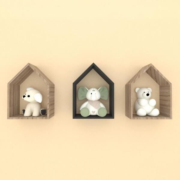 Nichos Prateleira formato de casinha mdf Amadeirado escuro preto ...