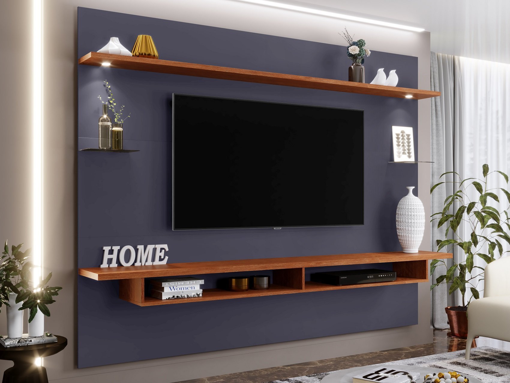 Painel Suspenso Victoria Chumo/Canela C/Led -Prateleira Para Tv Até 75 ...