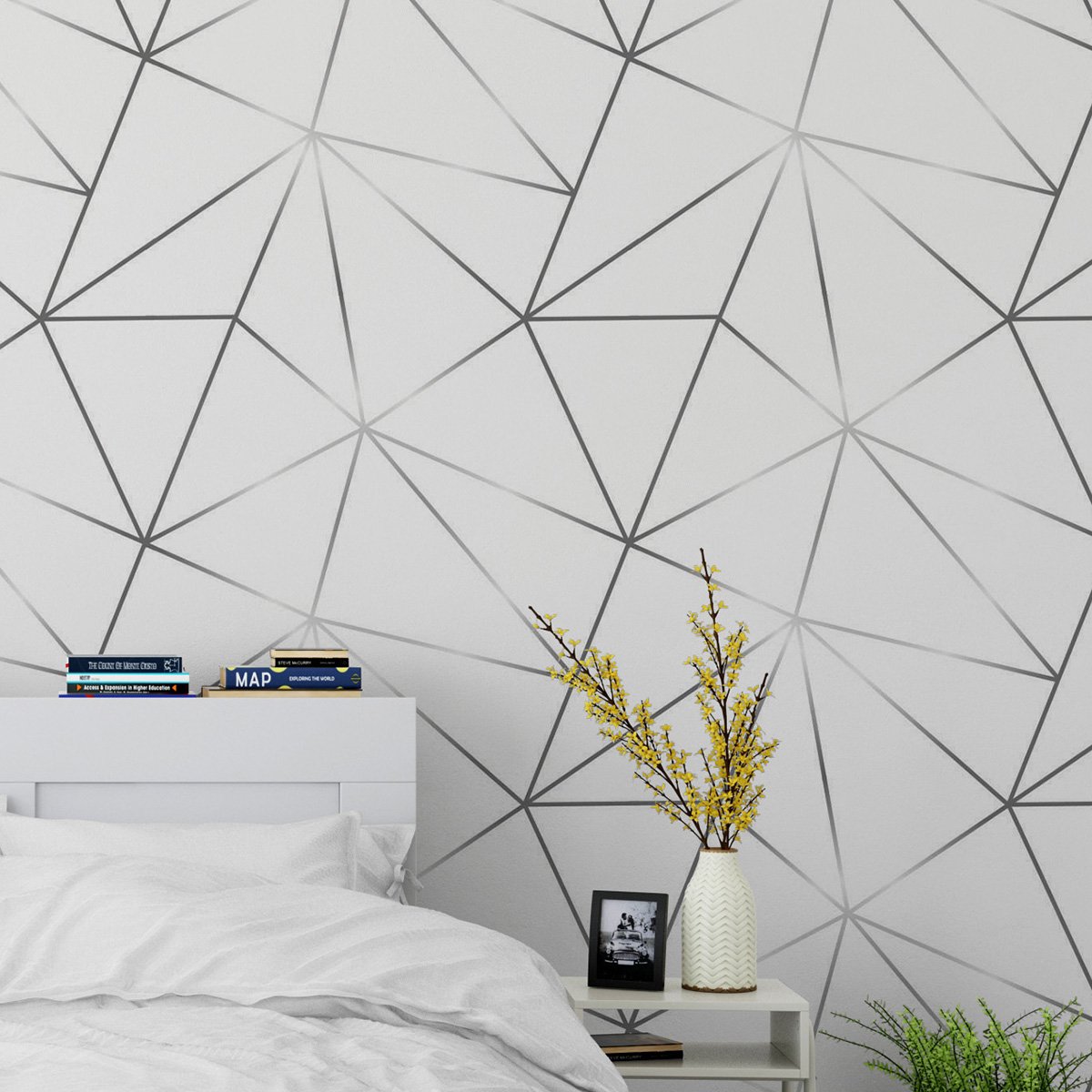 Papel De Parede Geométrico Branco Silver Prata Auto Colante 3m ...