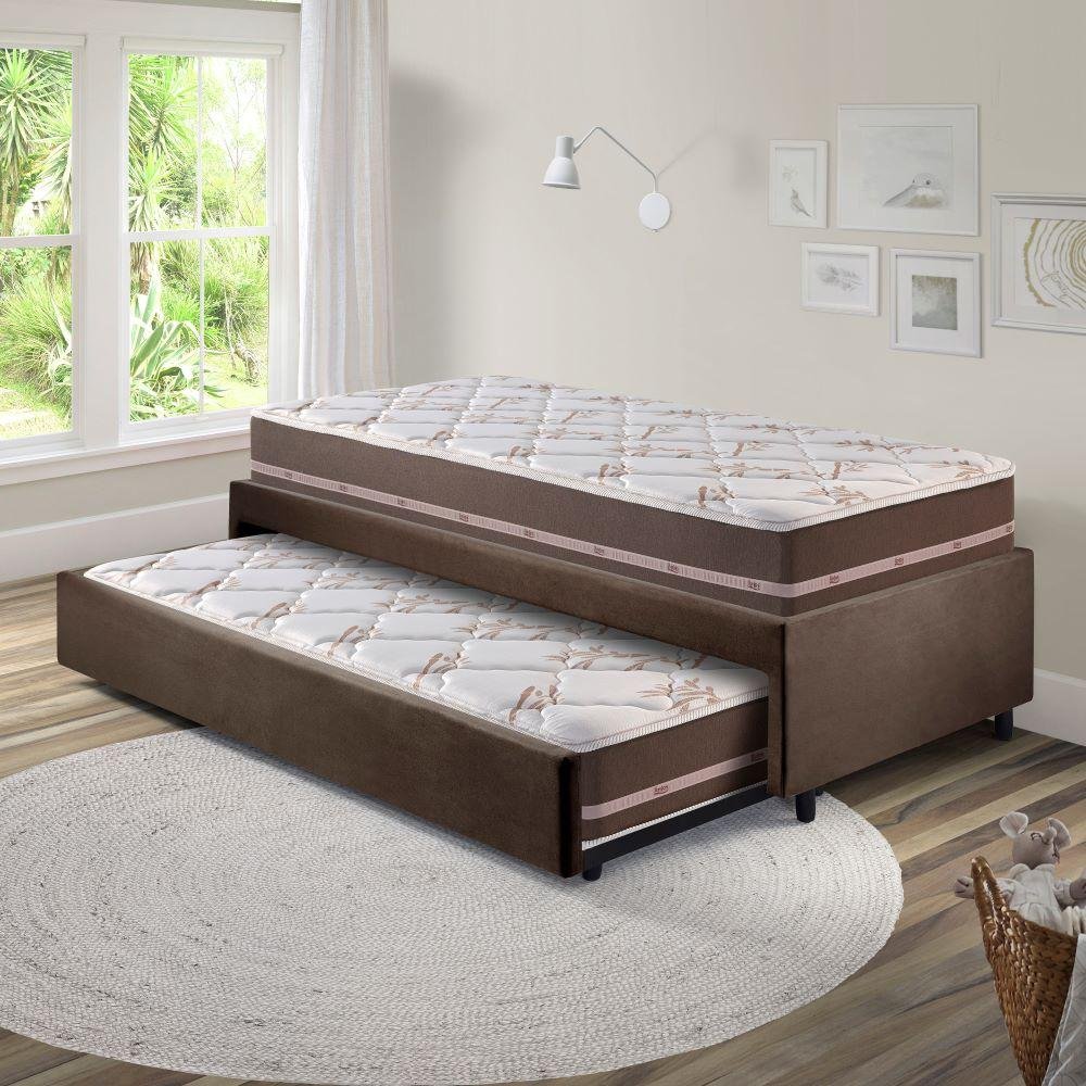 Bicama Box Solteiro Suede Marrom 88x188 com Dois Colchões Classic Molas ...