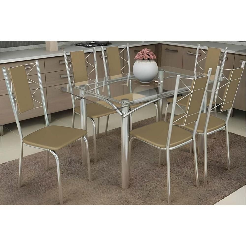 Sala de Jantar Completa Elba C/ Tampo de Vidro 120cm e 6 Cadeiras ...