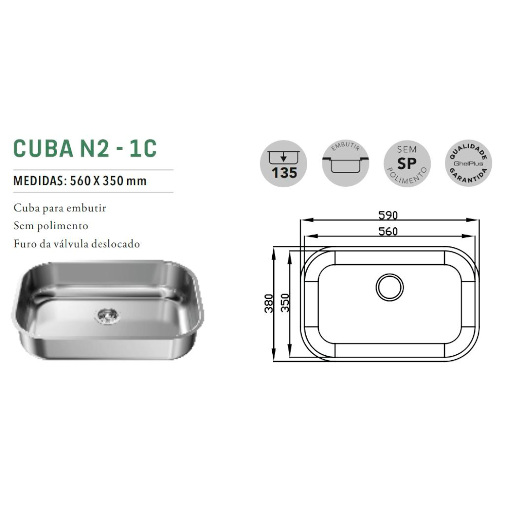 Cuba N2 Inox Gourmet S/ Polimento 560x350x135 C/vál Ghelplus ...