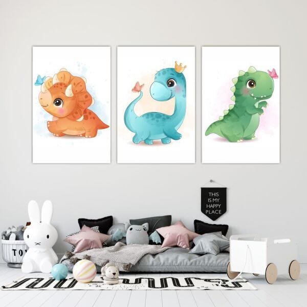 Conjunto 3 Quadros Decorativo MDF Infantil Dinossauros Baby Aquarela ...