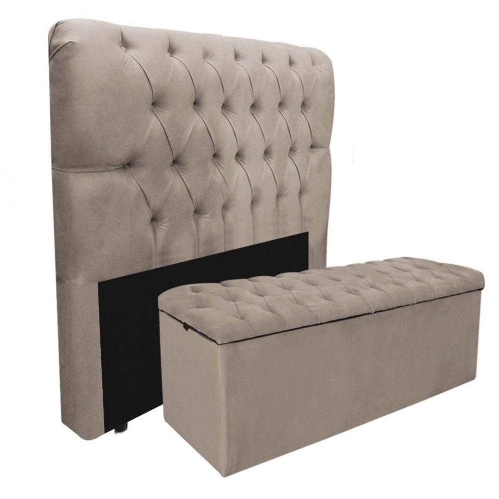 Kit Baú Recamier Mais Cabeceira Madrid Solteiro Suede Bege | MadeiraMadeira