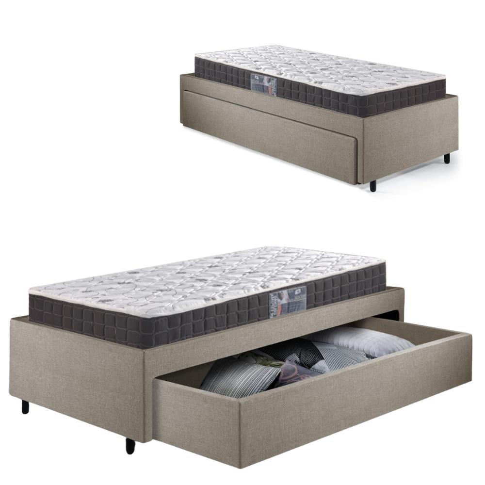 Cama Box Solteiro com Gaveta 88x188 cm Revestida em Linho Bege com ...