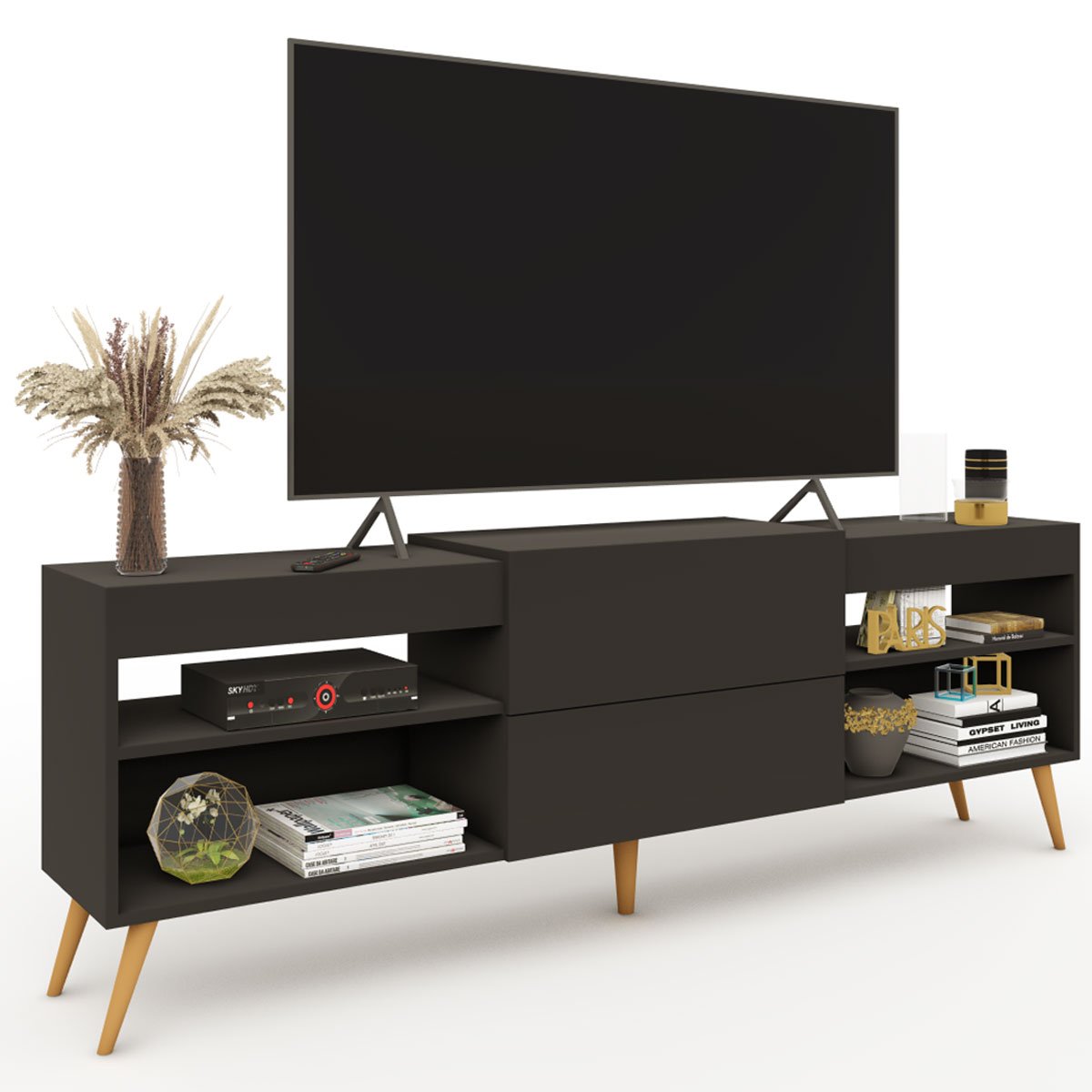 Rack para TV Até 55 Polegadas Roma 1 Porta 2 Prateleiras Preto Fosco ...