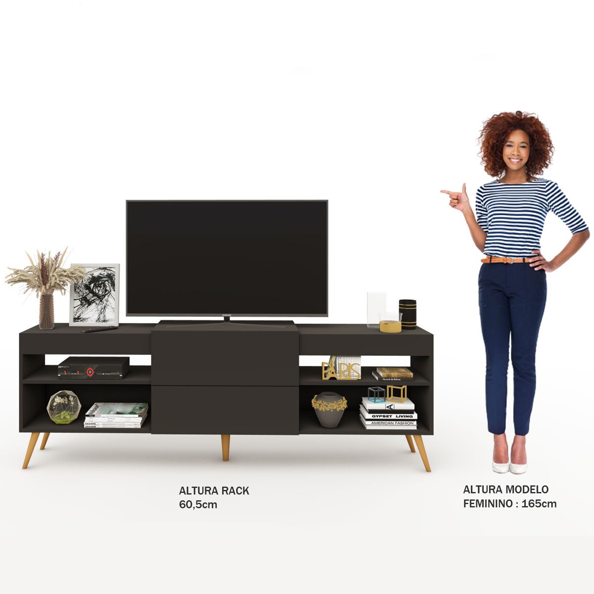 Rack para TV Até 55 Polegadas Roma 1 Porta 2 Prateleiras Preto Fosco - Panorama Móveis ...
