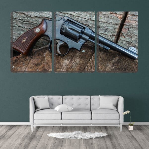 Quadro canvas 55x110 revólver antigo retrô | MadeiraMadeira