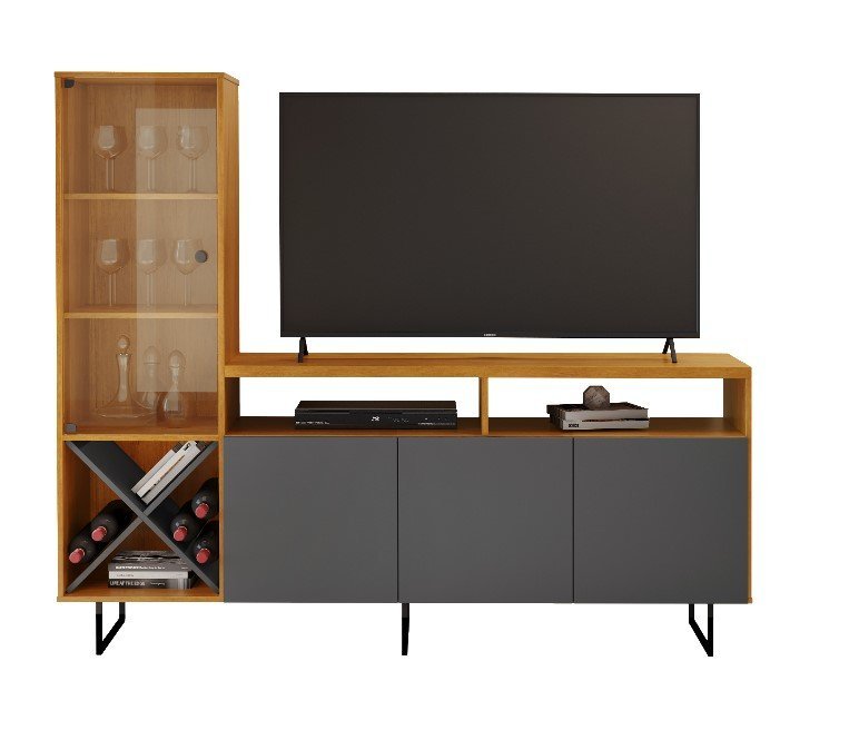 Rack para TV até 55 Polegadas 3 Portas com Cristaleira Porta de Vidro e ...