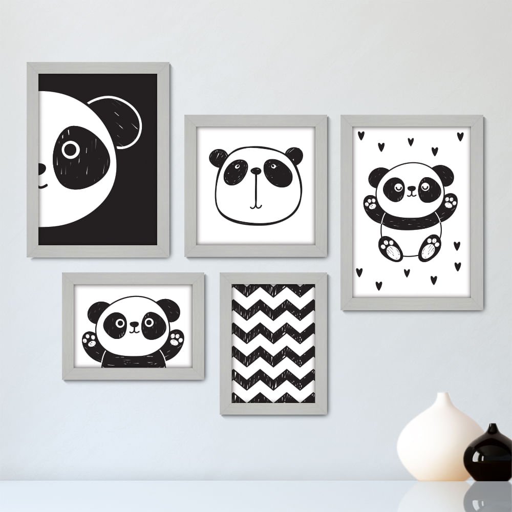 Kit Com 5 Quadros Decorativos - Panda - Infantil - Baby - Animais - Bebê - 312kq01b | MadeiraMadeira