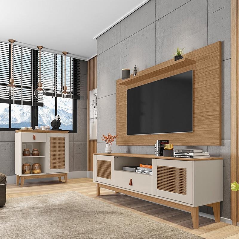 Conjunto Sala Rack e Painel Esmeralda com Aparador Rubi Noce/Off White ...