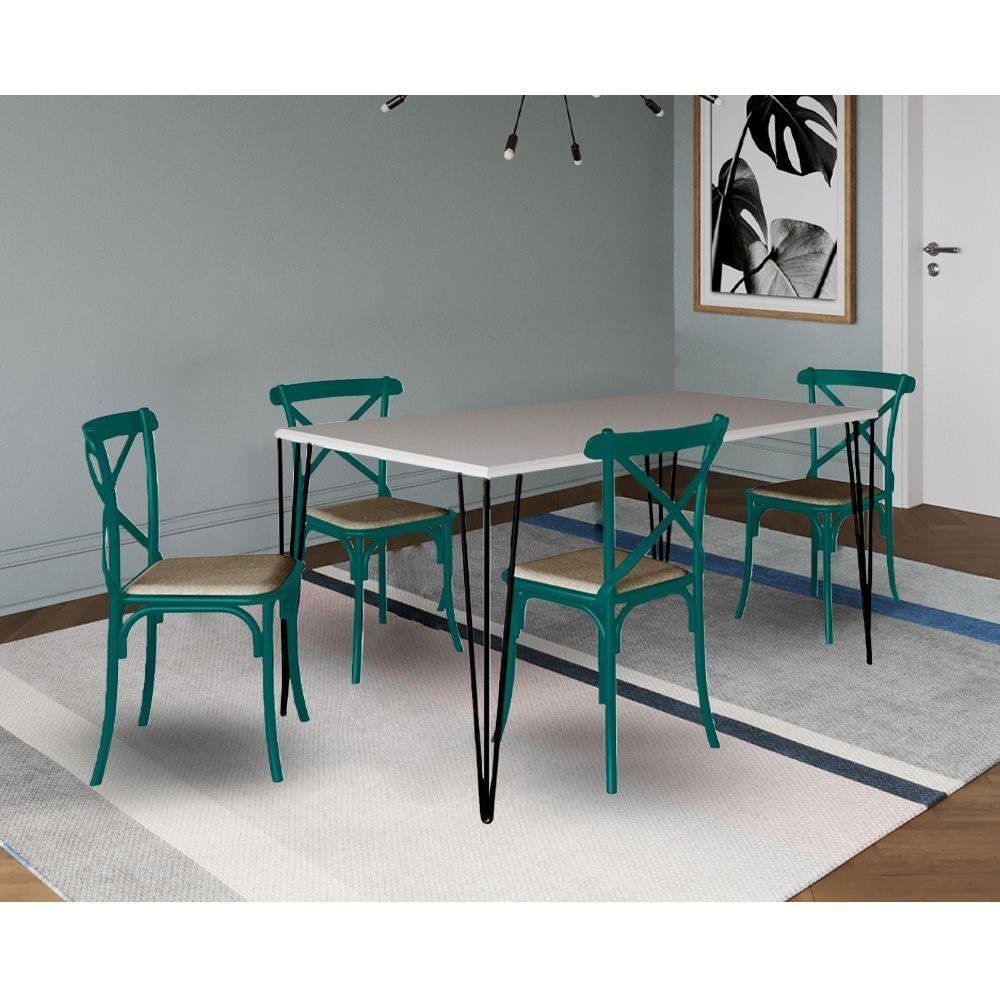 Jogo De Mesa Elen Retangular 140X80Cm Branco Com 4 Cadeiras Katrina Azul Turquesa A - Azul ...