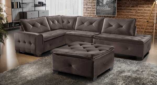 Sofá de Canto 5 Lugares com Chaise e Puff Lupi Villa Mobi Veludo Tabaco | MadeiraMadeira