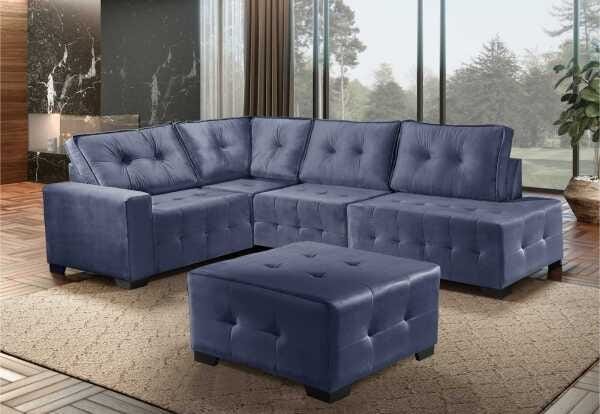 Sofá de Canto 5 Lugares com Chaise e Puff Denver Villa Mobi Veludo Azul Marinho | MadeiraMadeira