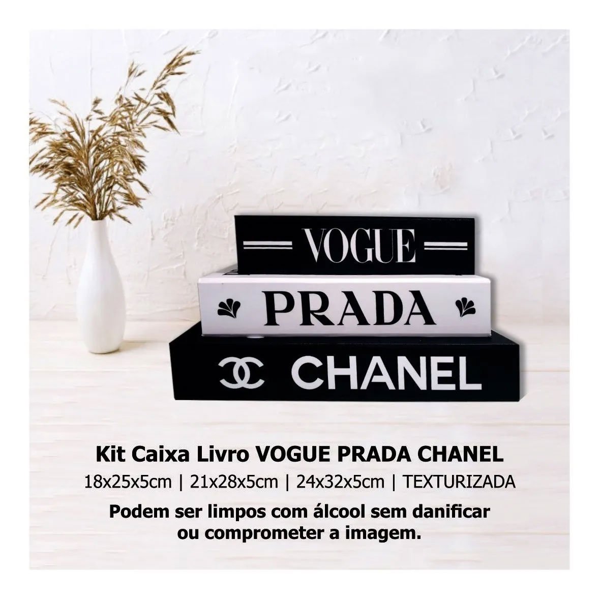 KIT 3 CAIXAS LIVRO DECORATIVA VOGUE PRADA CHANEL TEXTURIZADA ...