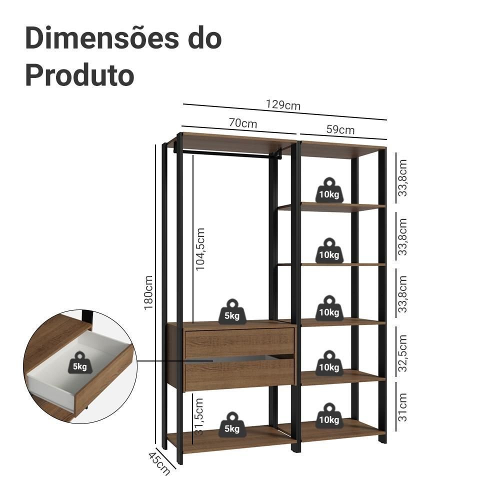 Guarda-roupa Closet Modulado Valencia 2 Gavetas 129cm Rustic/preto ...