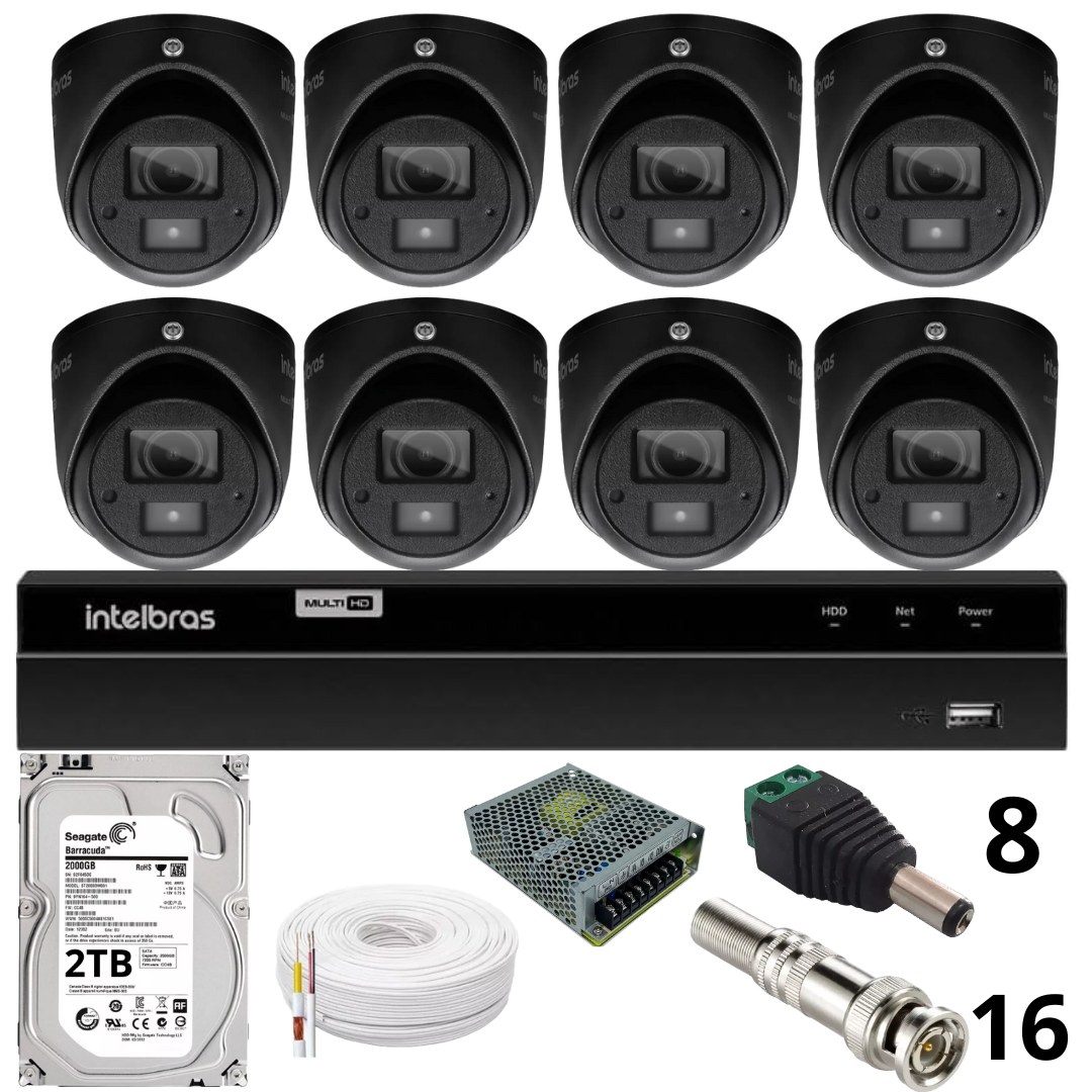 Kit 8 Câmeras Bullet 3220d Mini Black com Áudio Dvr Intelbras 1216-c ...