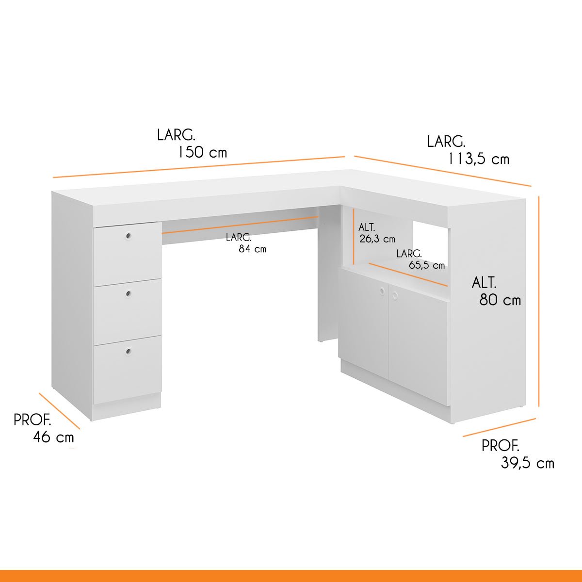Mesa em L para Escritório 150 x 80 Cm 3 Gavetas 2 Portas MDP Branco ...